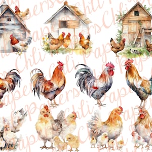 Watercolor Chicken Clipart: "rooster Clipart" Hens and Roosters,farm ...