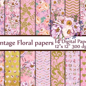 Pink Digital Paper Pack: "floral DIGITAL Papers" Vintage Papers Shabby ...