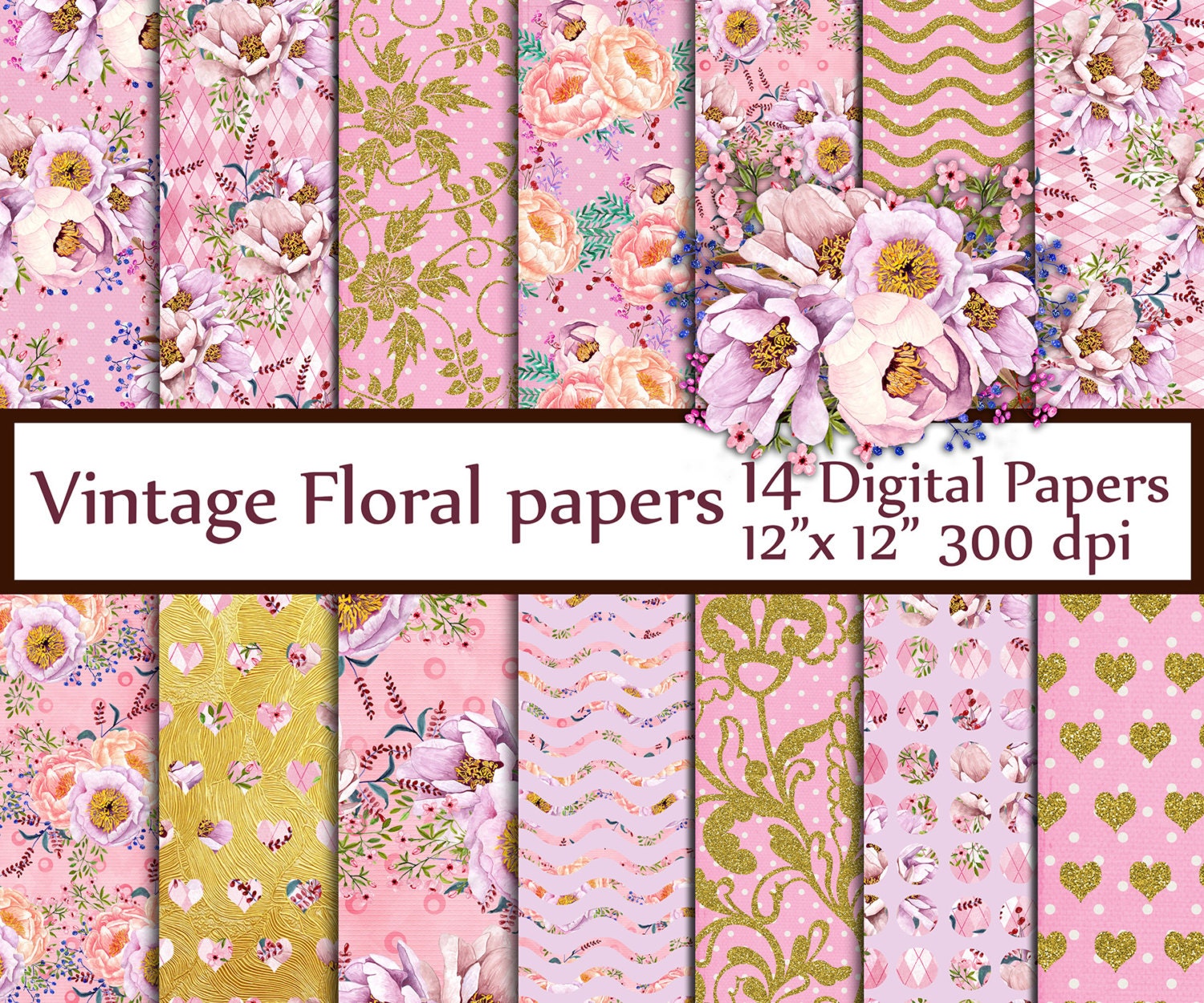 Pink Digital Paper Pack: FLORAL DIGITAL PAPERS | Etsy