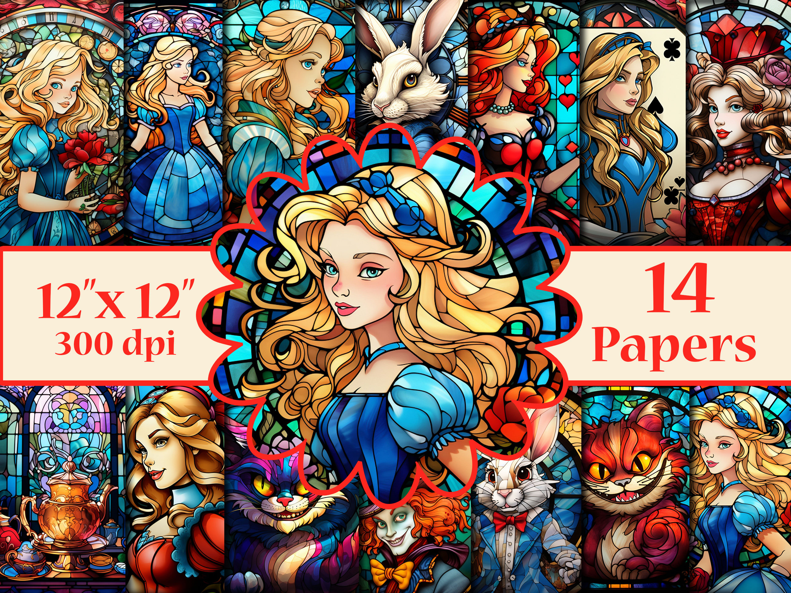 Alice in Wonderland Digital Papers,stained Glass Digital Papers,stained ...