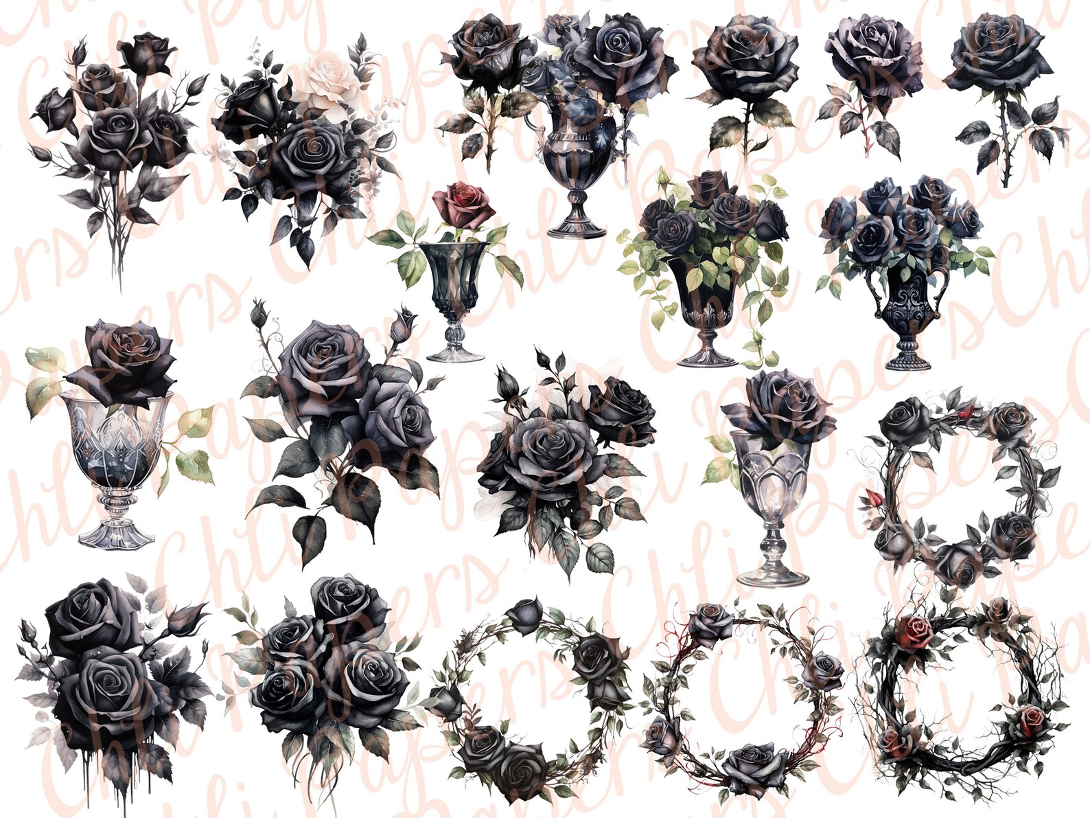 Black Roses Clipart,gothic Roses Clipart,watercolor Rose Clipart,floral ...