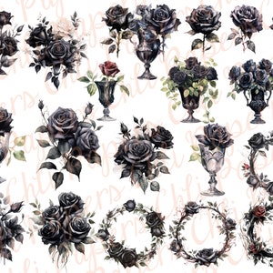 Black Roses Clipart,gothic Roses Clipart,watercolor Rose Clipart,floral ...