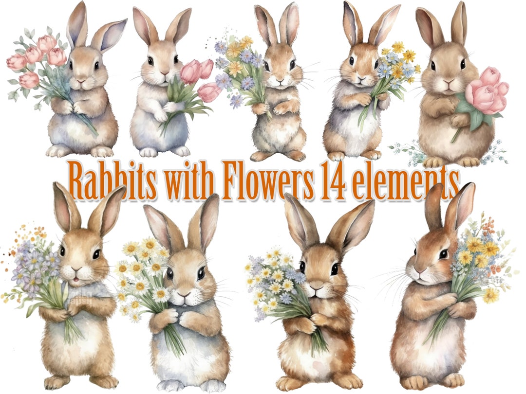Rabbit With Flowers Clipart,cute Bunny Clipart,cute Rabbit Holding ...