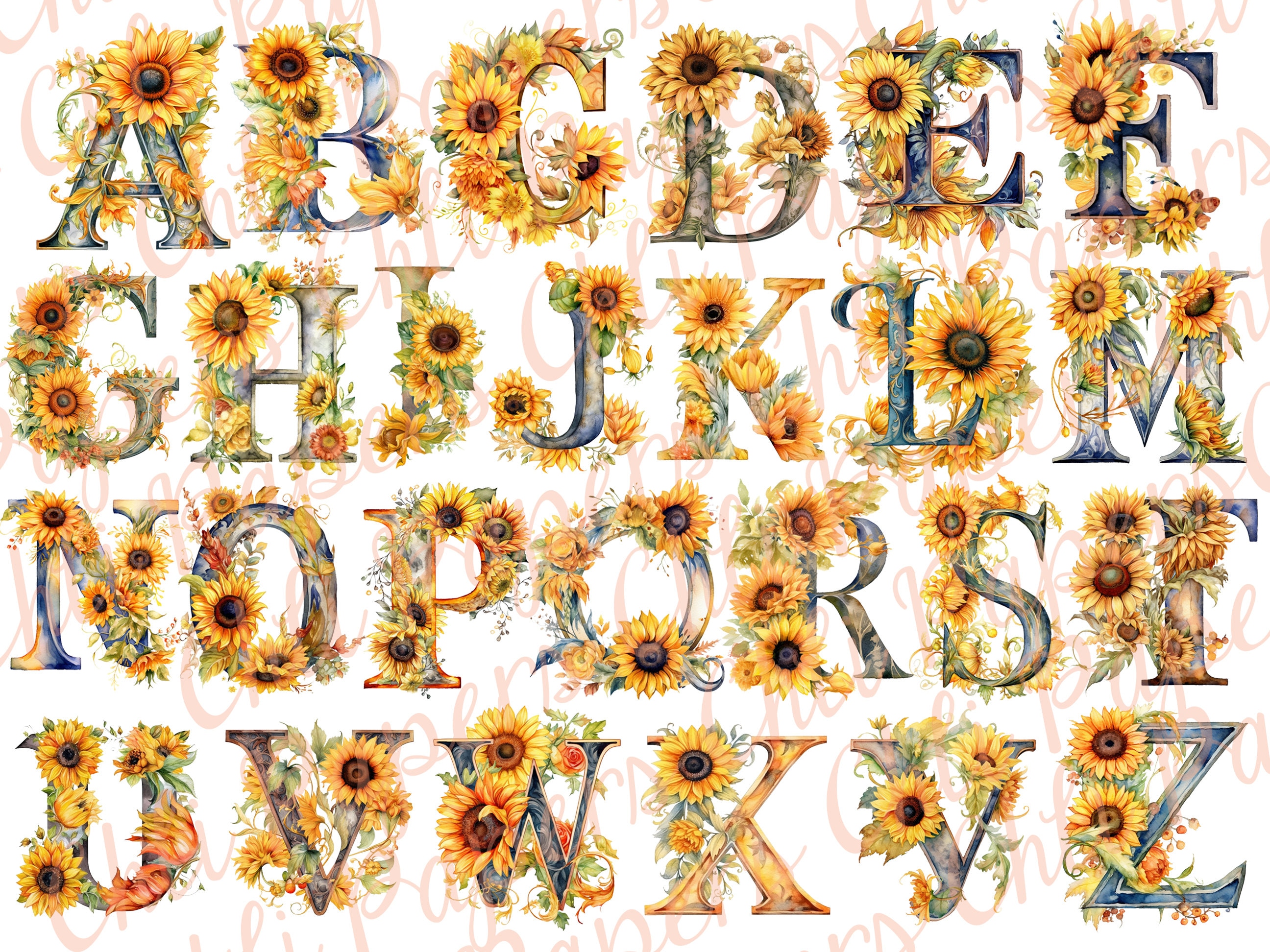 Sunflower Alphabet Clipart,floral Letters Png,sunflower Monogram Png ...