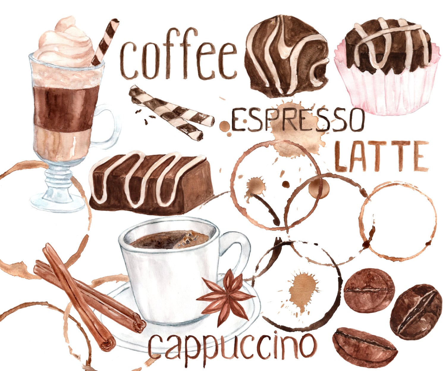 Watercolor Coffee Clipart: "sweets Clipart" Coffee Bean Clipart Coffee ...