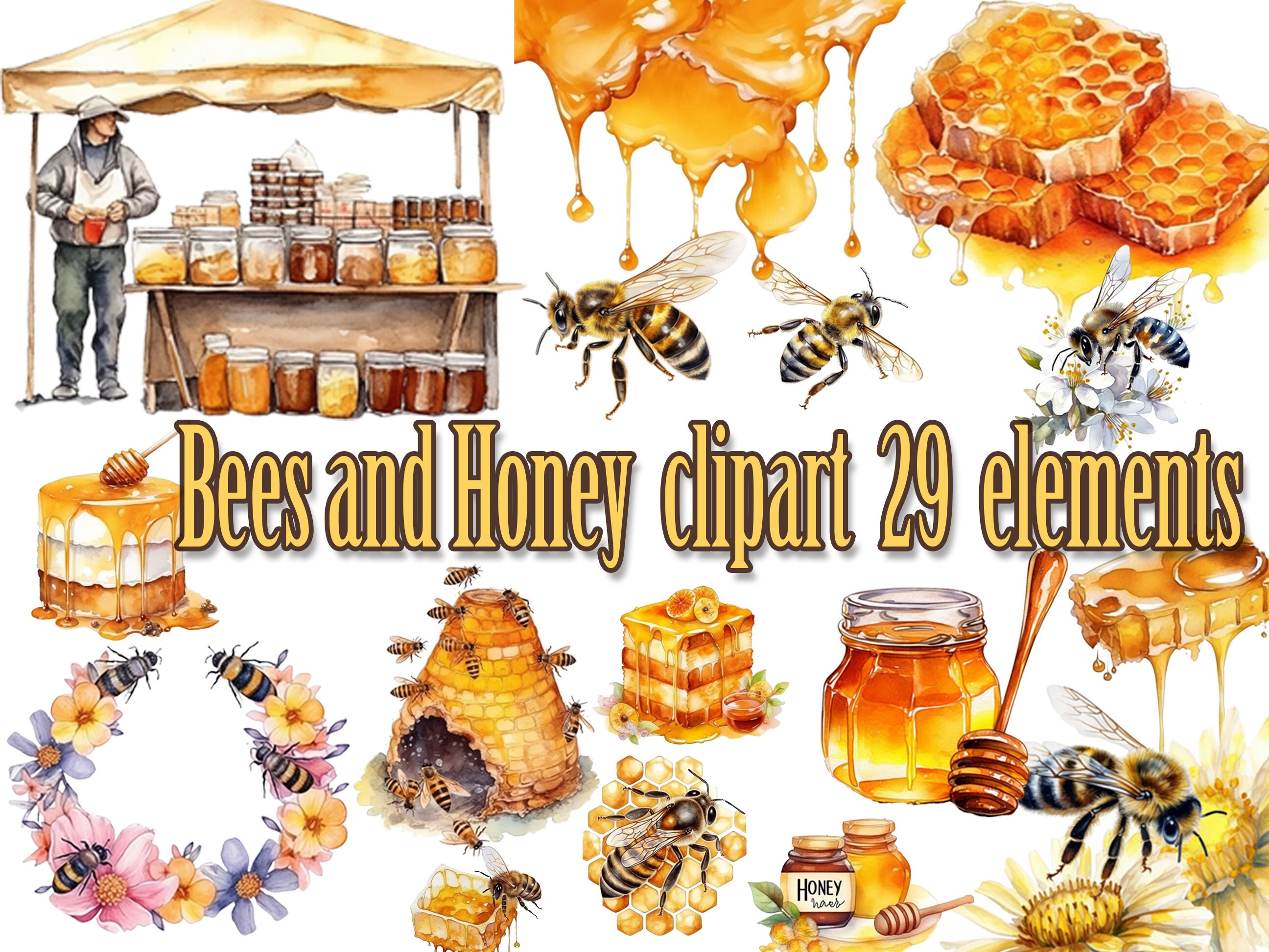 Watercolor Honey Bees Clipart,bee and Honey Png,honey Jar Png,honey ...