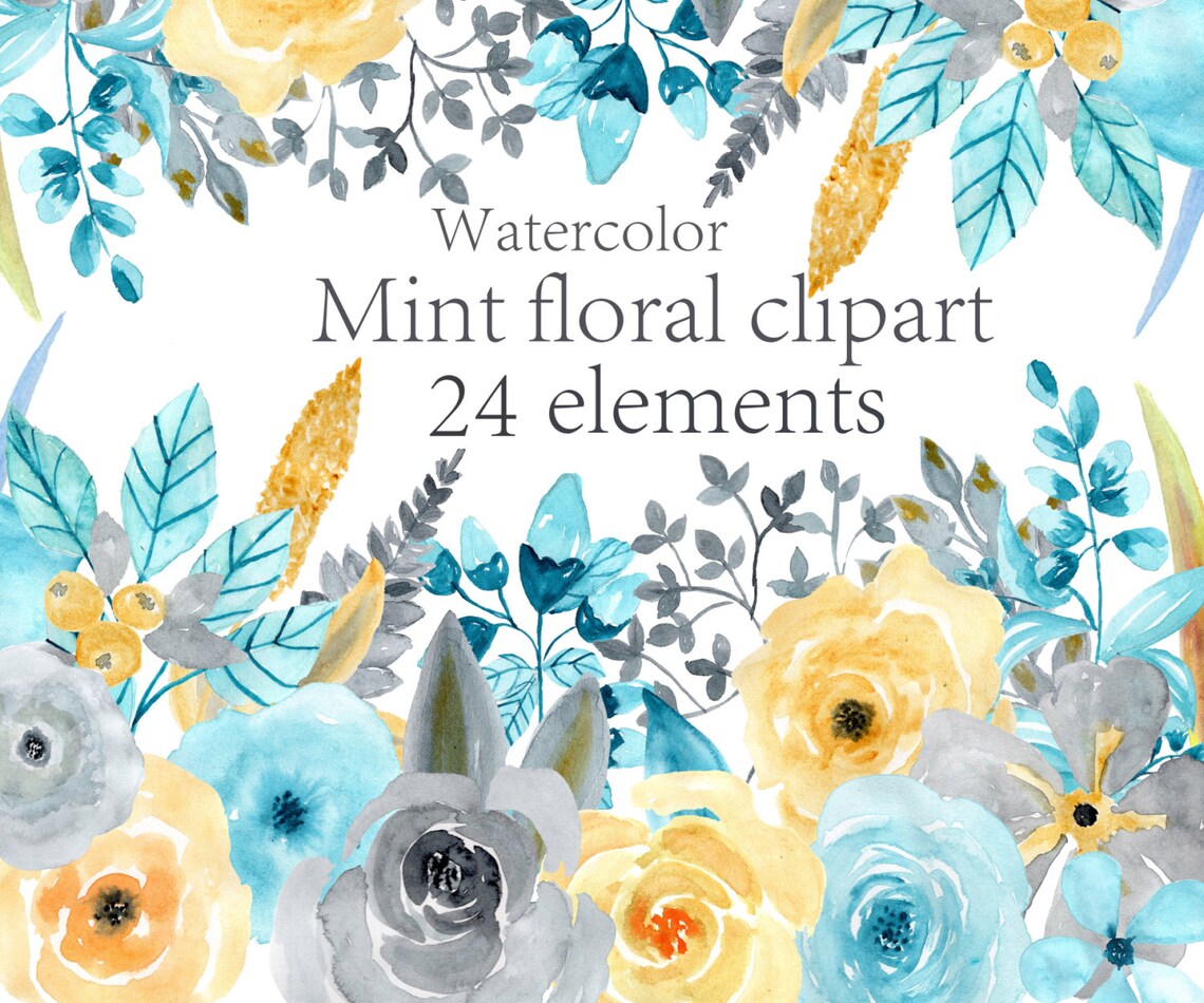 Watercolor Mint Floral Clipart Flowers Clipart Invitation - Etsy