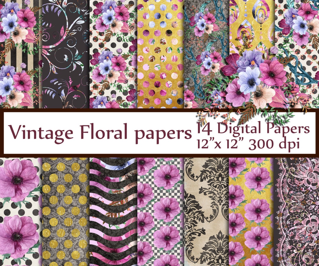 Floral Digital Paper Pack: floral DIGITAL Papers Purple Black Papers ...