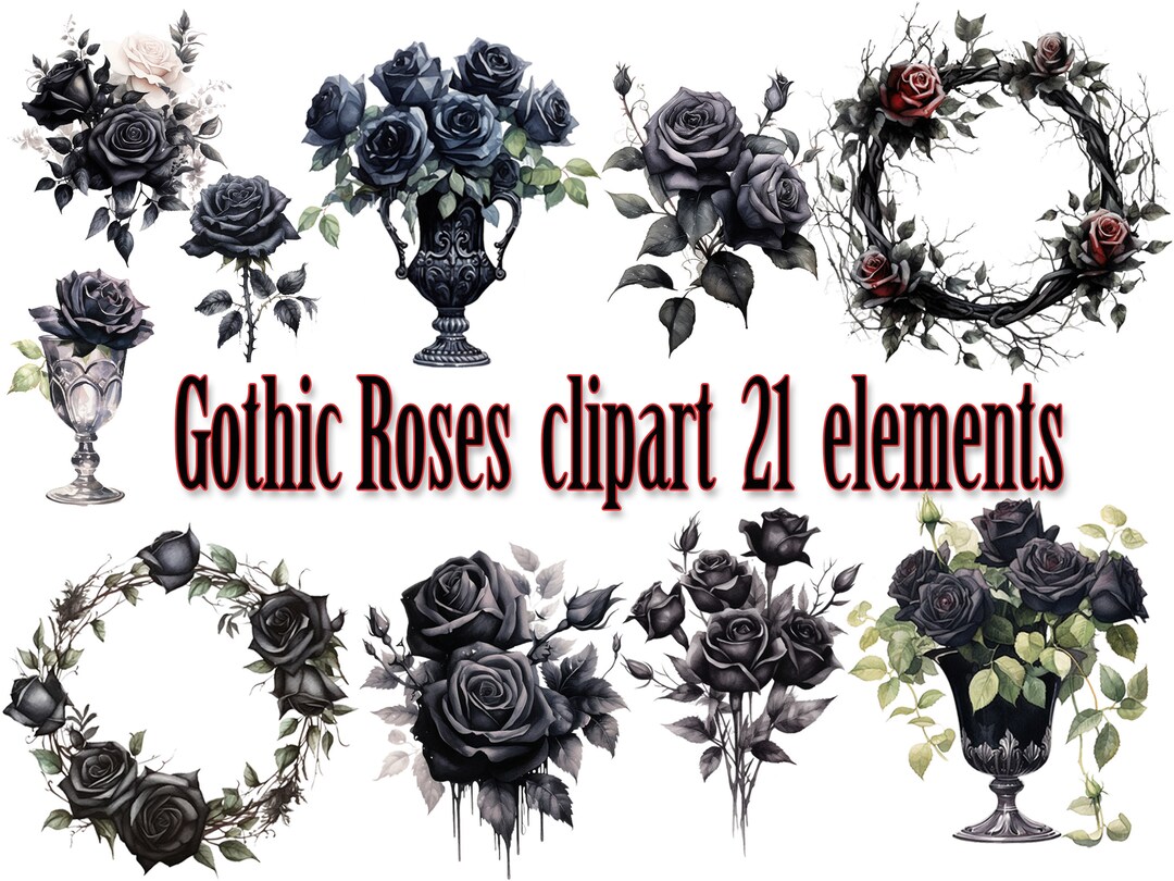 Black Roses Clipart,gothic Roses Clipart,watercolor Rose Clipart,floral ...
