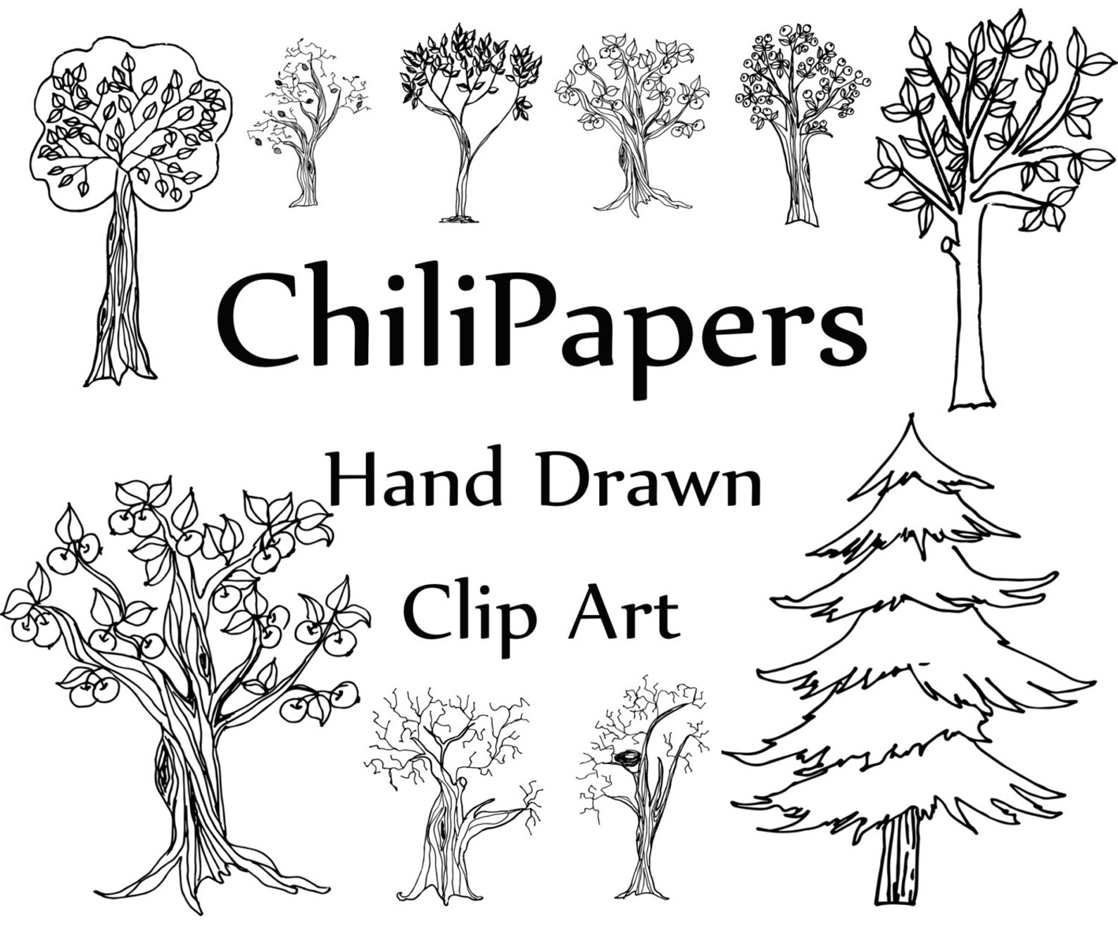 Trees Doodle Clipart: trees CLIP Art Line Art Tree | Etsy