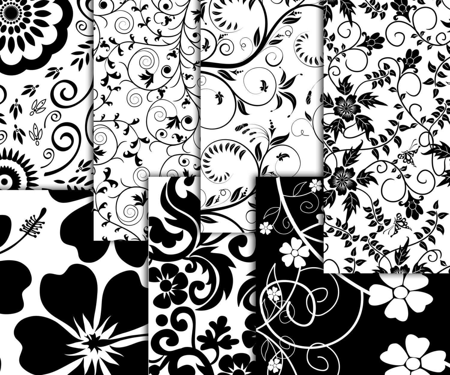 Black Floral Digital Paper: "floral Papers" Black and White Digital ...