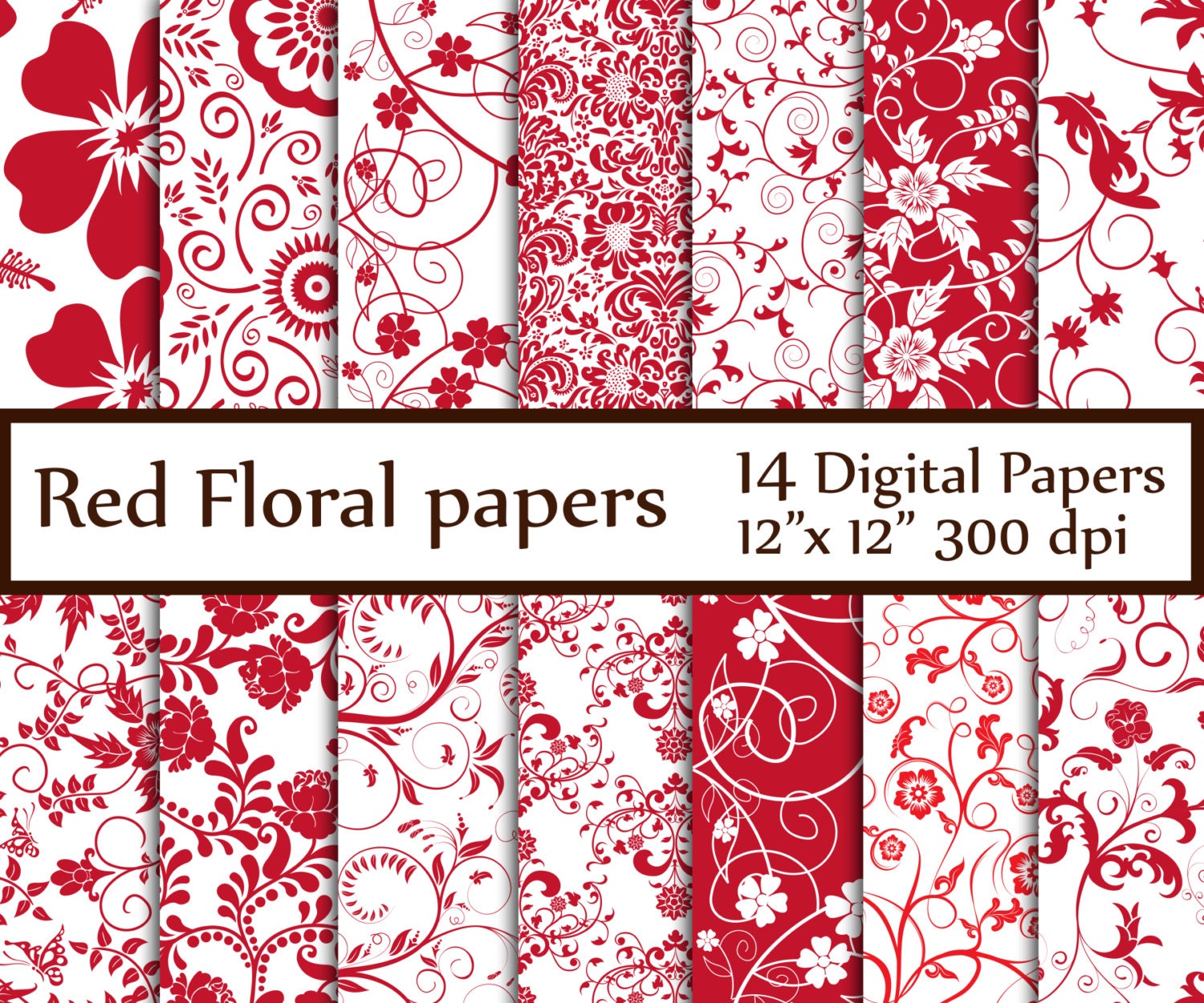 Red Floral digital paper: FLORAL PAPERS Floral | Etsy