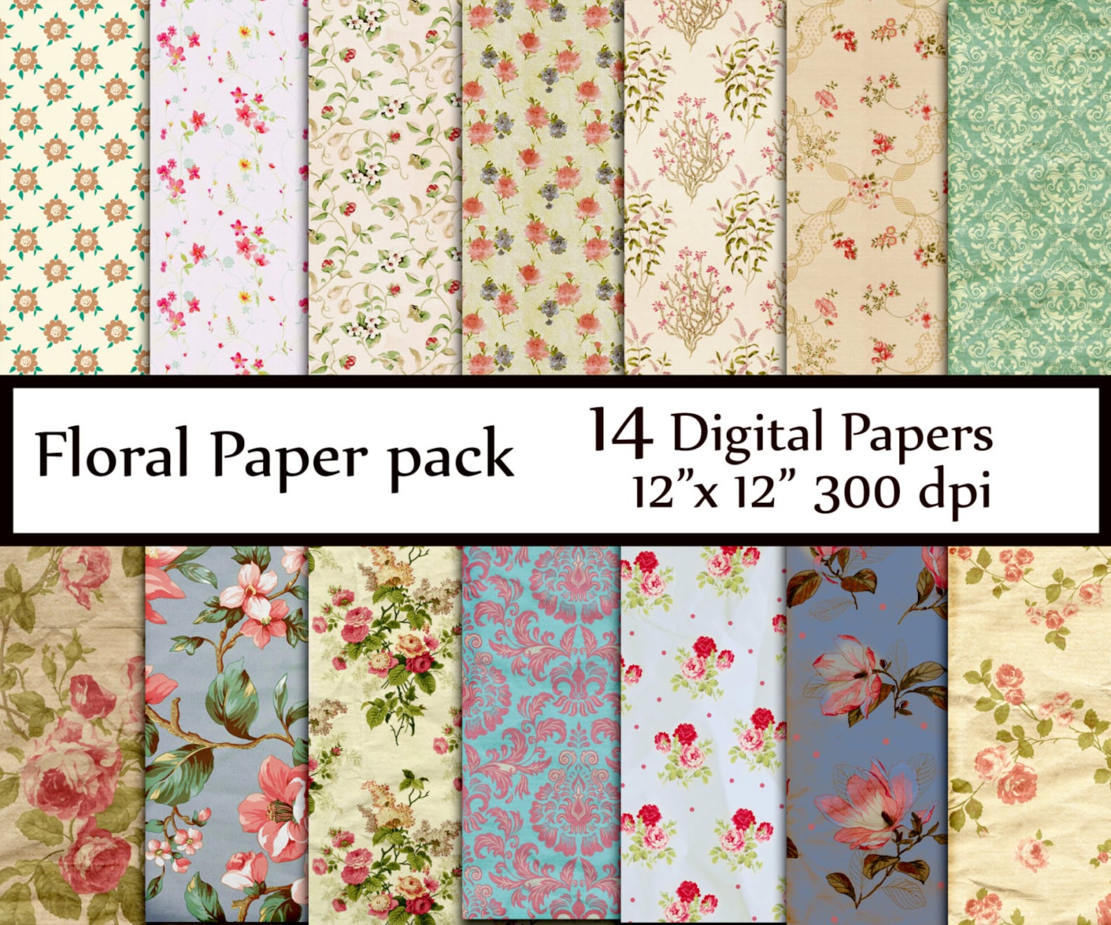 Floral Digital Paper : floral Paper Rose Digital - Etsy