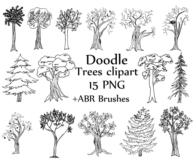 Trees Doodle Clipart: trees CLIP Art Line Art Tree - Etsy