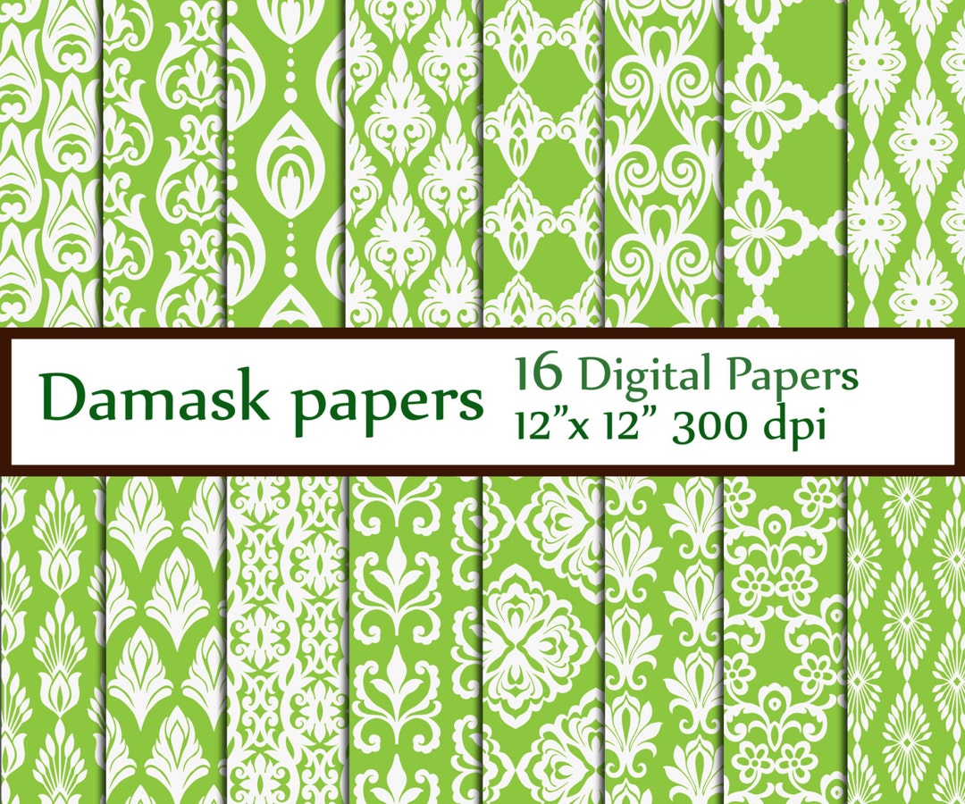 Green Damask Digital Paper: "green Backgrounds" Bright Green Damask ...