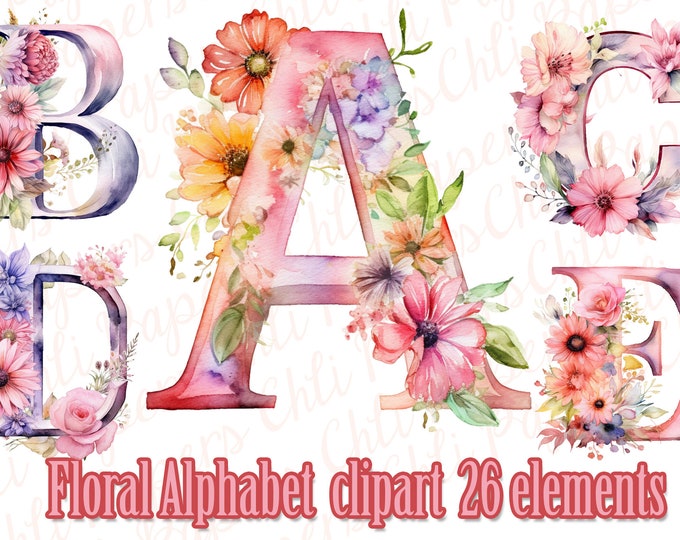 Boho Floral Alphabet, Boho Alphabet PNG Floral Watercolor Alphabet ...