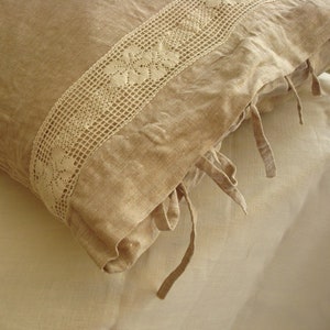 Shabby Chic Linen Sham With Lace and Ties Linen Pillow Case French ...