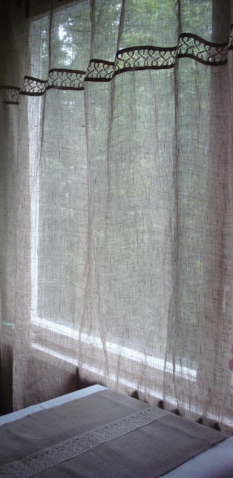 Sheer Burlap Linen Curtains With Lace and Tie Top Custom Sizes - Etsy
