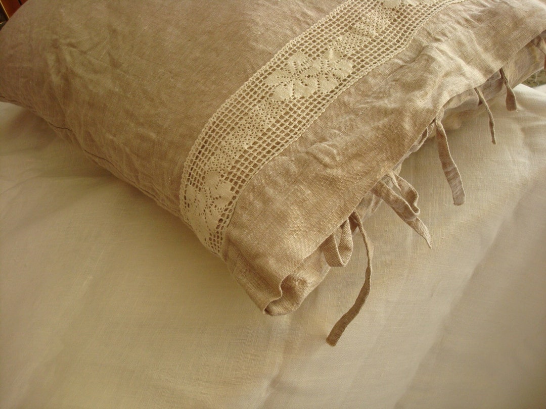 Shabby Chic Linen Sham With Lace and Ties Linen Pillow Case French ...