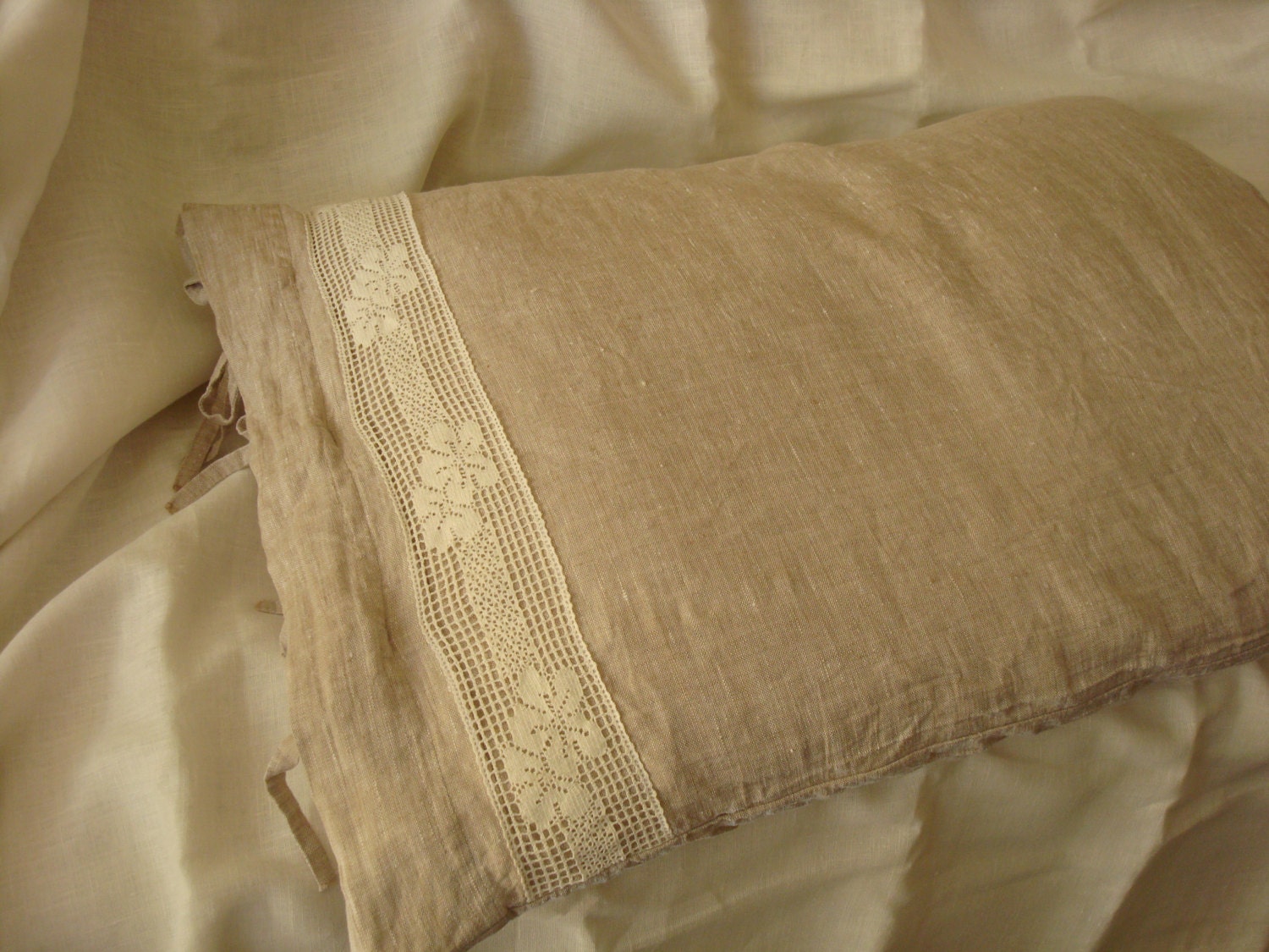 Shabby Chic Linen Sham With Lace and Ties Linen Pillow Case | Etsy