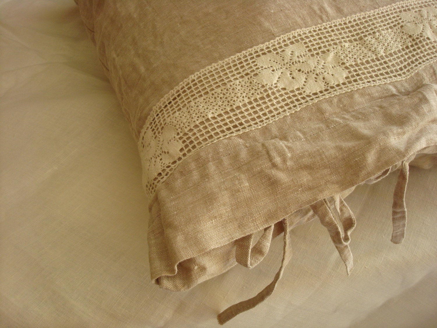 Shabby Chic Linen Sham With Lace and Ties Linen Pillow Case | Etsy