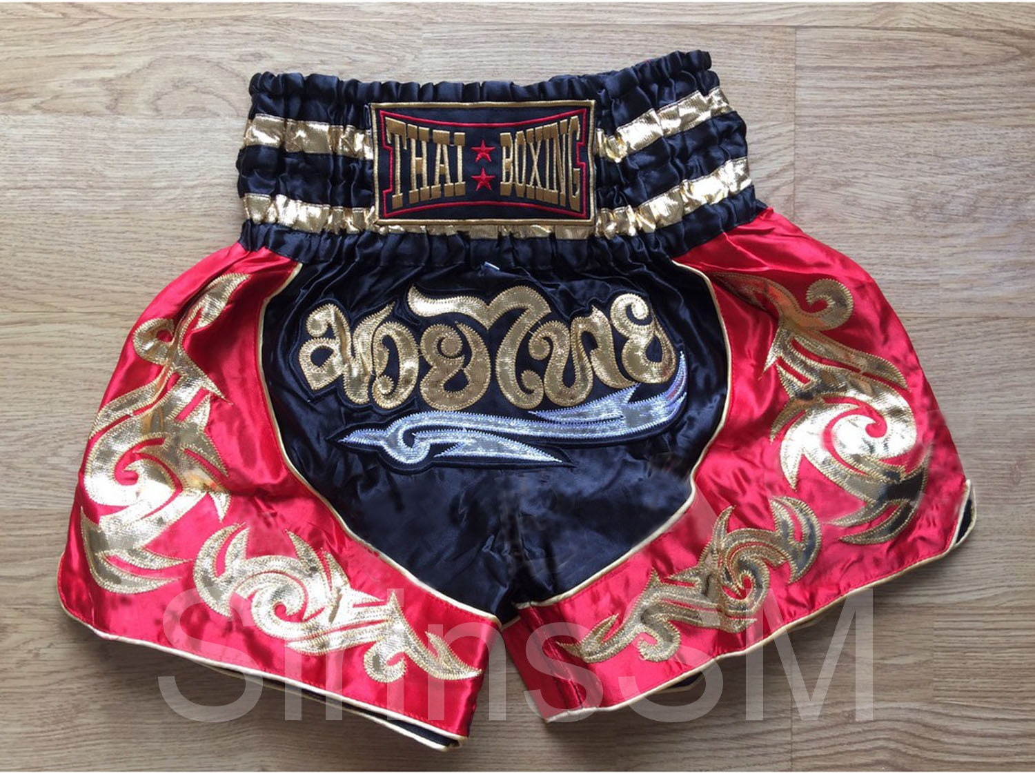 Muay Thai Boxing Shorts for Adult Red Black with Gold Thai | Etsy