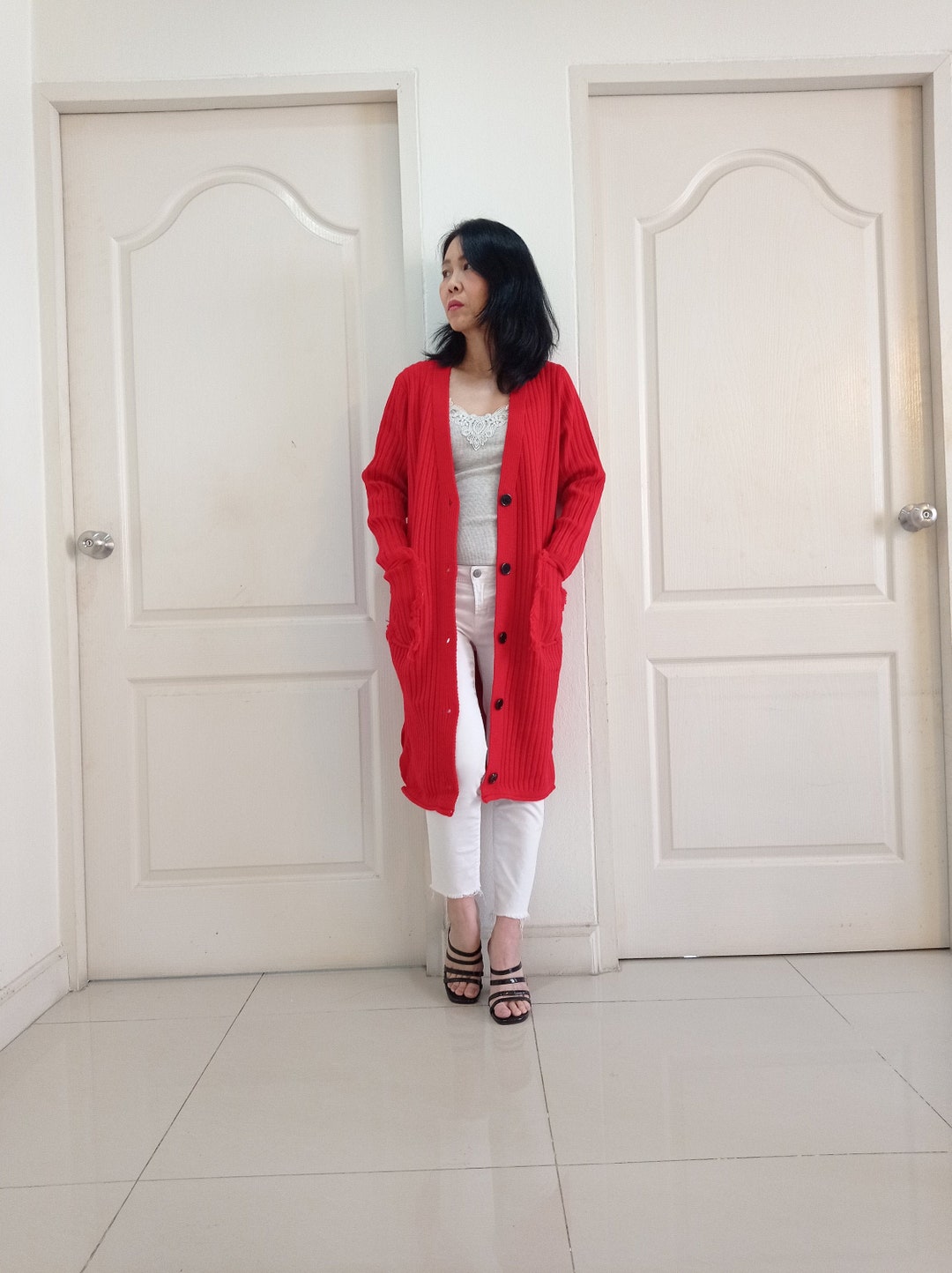 Red Long Sleeve Sweater Knit Cardigan, Sweater, Long Cardigan - Etsy