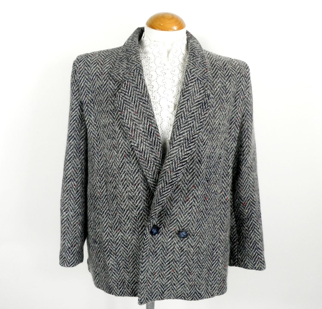 1980s Navy and Grey Herringbone Tweed Wool Wrap Over Jacket With ...