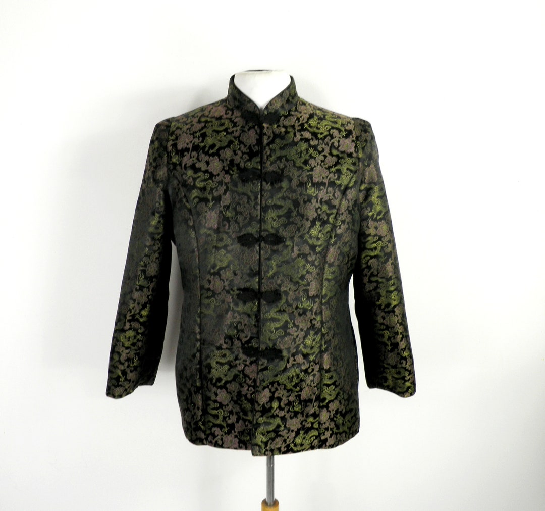 1980s Green and Pink on Black Chinese Satin Dragons Jacket With ...