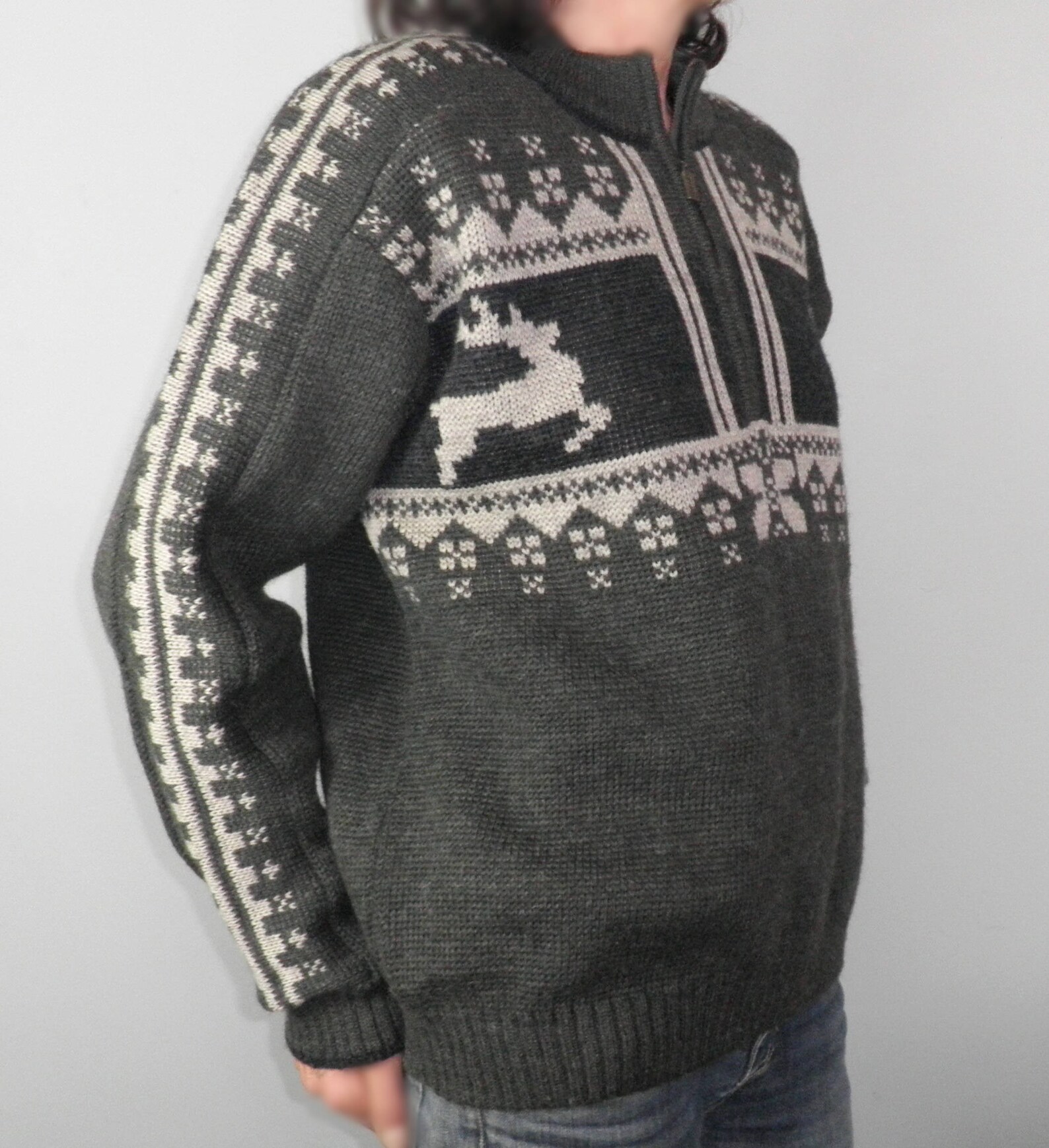 Bavarian Green and Grey Pure Wool Traditional Jumper / Sweater by O S ...