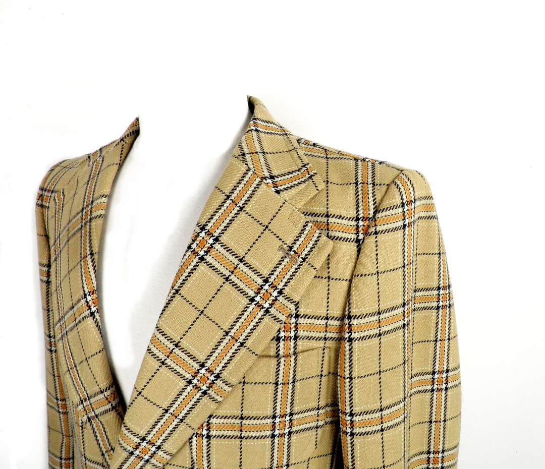 1960s Natty Beige Black and Orange Windowpane Check Tailored Wool Wide ...