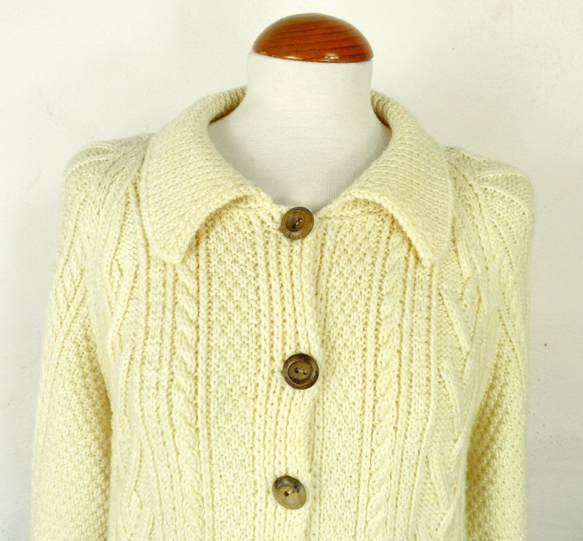 Cream Hand Knit Cable Knit Wool Cardigan With Cute Collar Size - Etsy UK