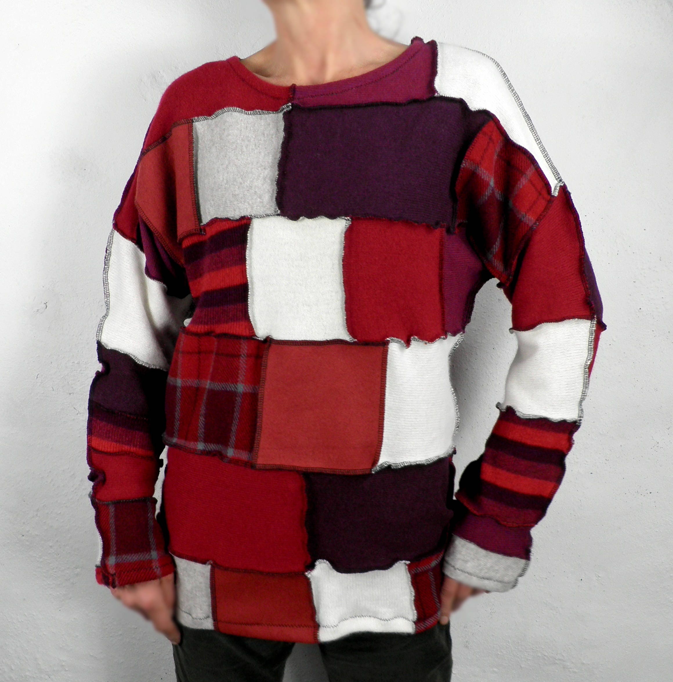 Patchwork Wool Jumper / Sweater in Red Purple Tan and Cream by JUST IZ ...