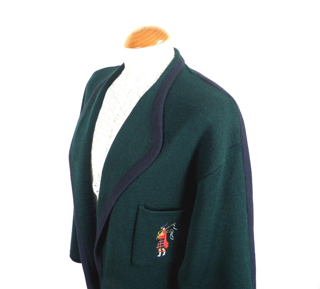 1970s Dark Forest Green and Navy Wool Cardigan With Embroidered ...