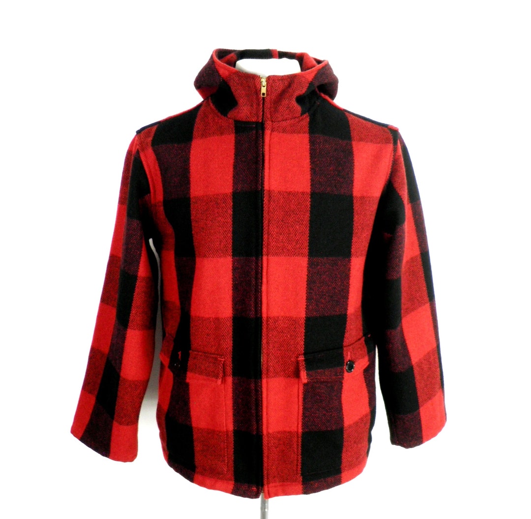 1980s Unisex Red and Black Check Wool Zipped Hooded Lumberjack Jacket ...