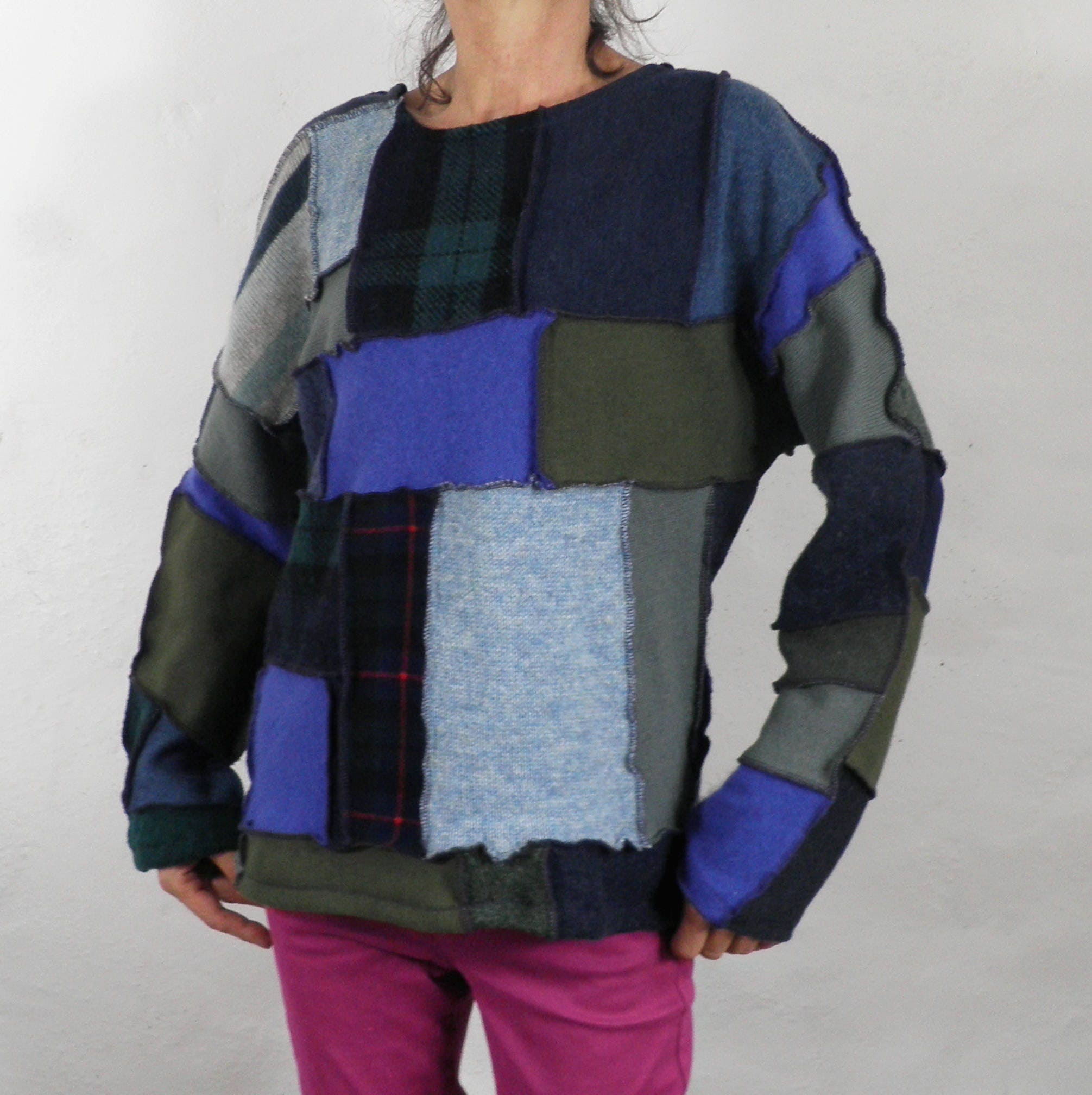 Handmade Wool Patchwork Jumper / Sweater in Blue Green and - Etsy
