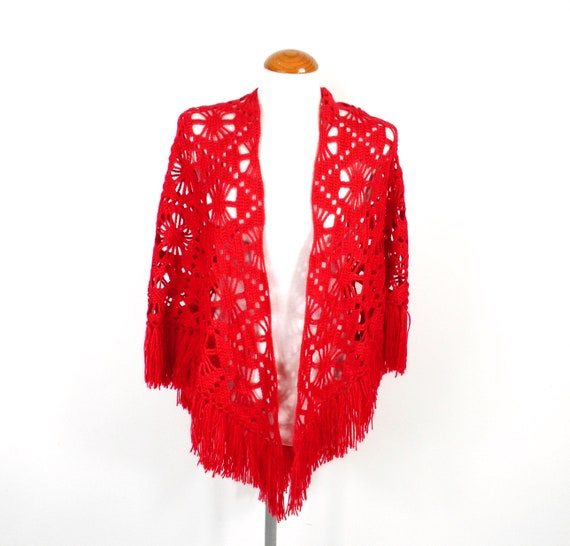 1970s Deep Red Hand Crocheted Lacy Wool Fringed Shawl… - Gem