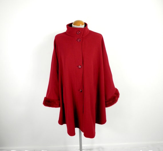 1960s Deep Red Wool and Cashmere Midi Cape with Manda… - Gem