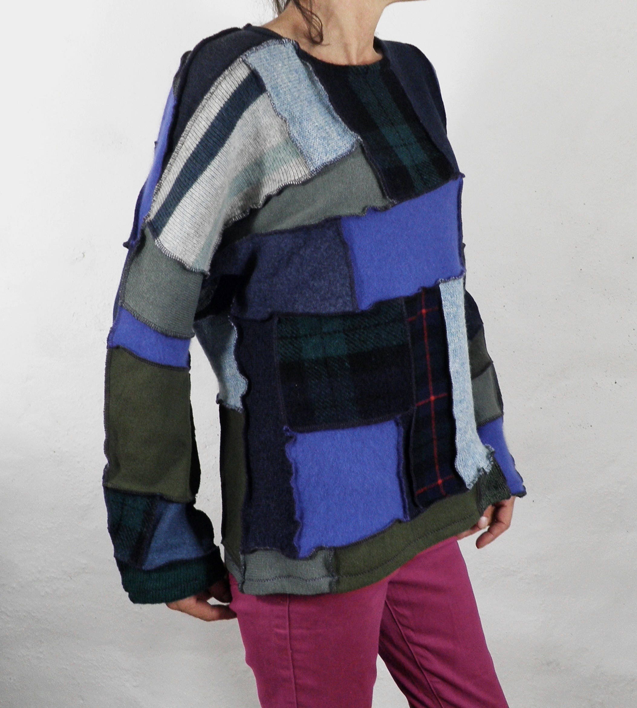 Handmade Wool Patchwork Jumper / Sweater in Blue Green and - Etsy UK