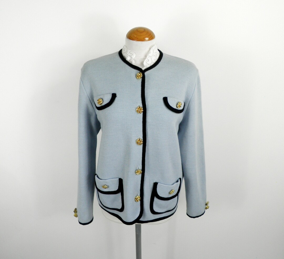 1970s Cute French Pale Blue Lambswool Cardigan With Navy Trim by ...