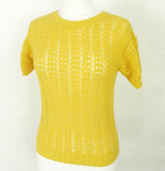 1960s Bright Yellow Wool Blend Hand Knit Ladies Top w… - Gem