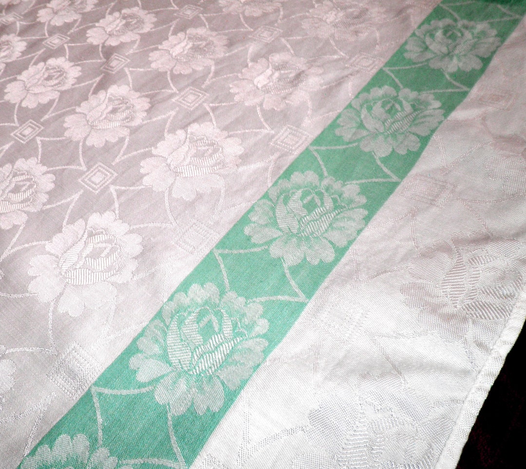 1950s White and Jade Green Rose Motif Cotton and Rayon Damask Square ...