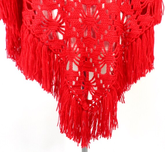 1970s Deep Red Hand Crocheted Lacy Wool Fringed Shawl… - Gem