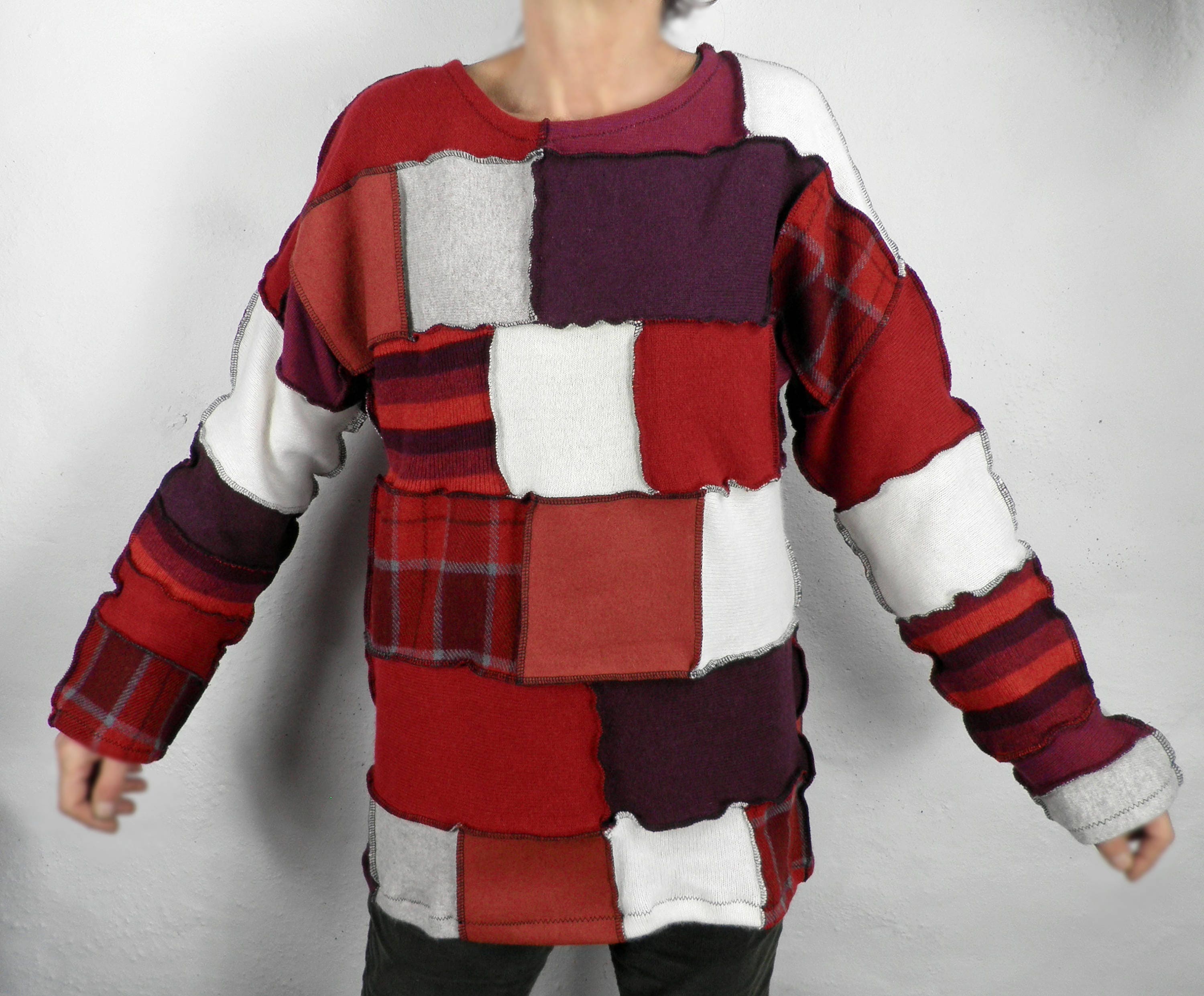 Patchwork Wool Jumper / Sweater in Red Purple Tan and Cream by | Etsy