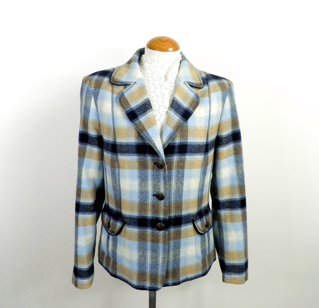 1980s Blue Black and Beige Check Fitted Wool Blazer Jacket by Pier ...