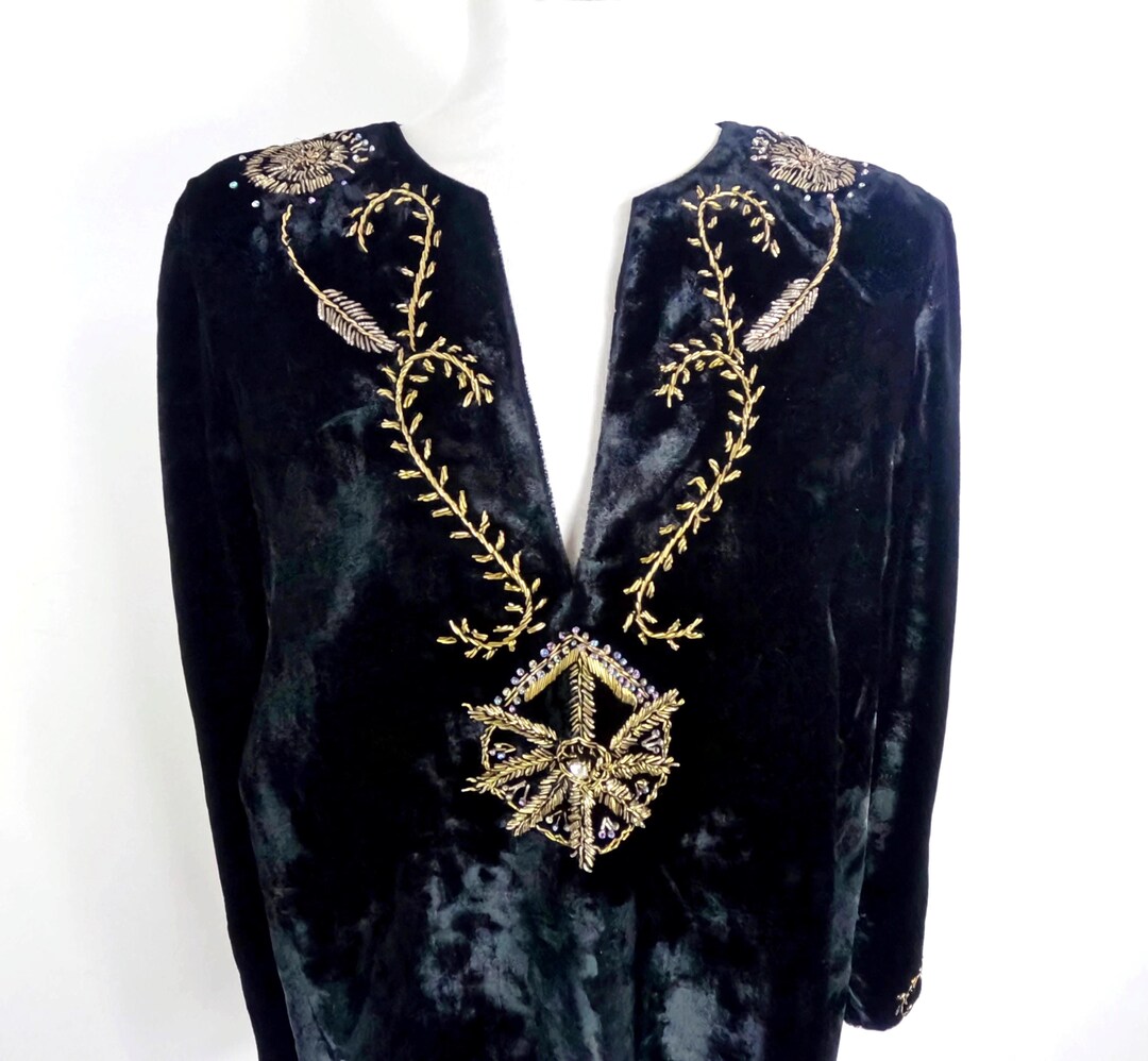1960s Magical Black Silk Viscose Velvet Kurta Tunic With Intricate ...