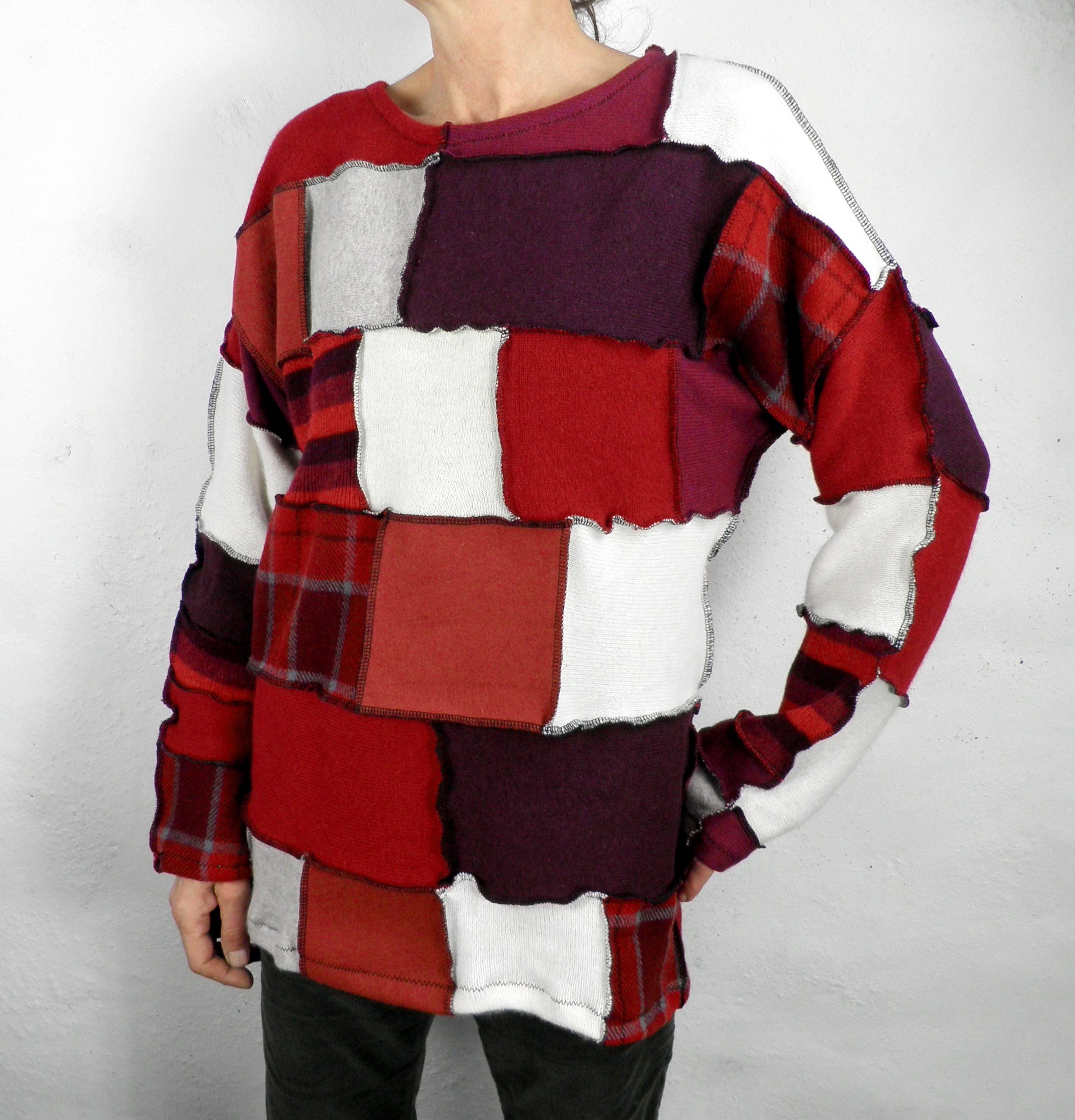 Patchwork Wool Jumper / Sweater in Red Purple Tan and Cream by | Etsy