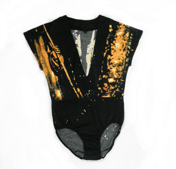 1990s New Black and Bright Orange Abstract Print Body… - Gem