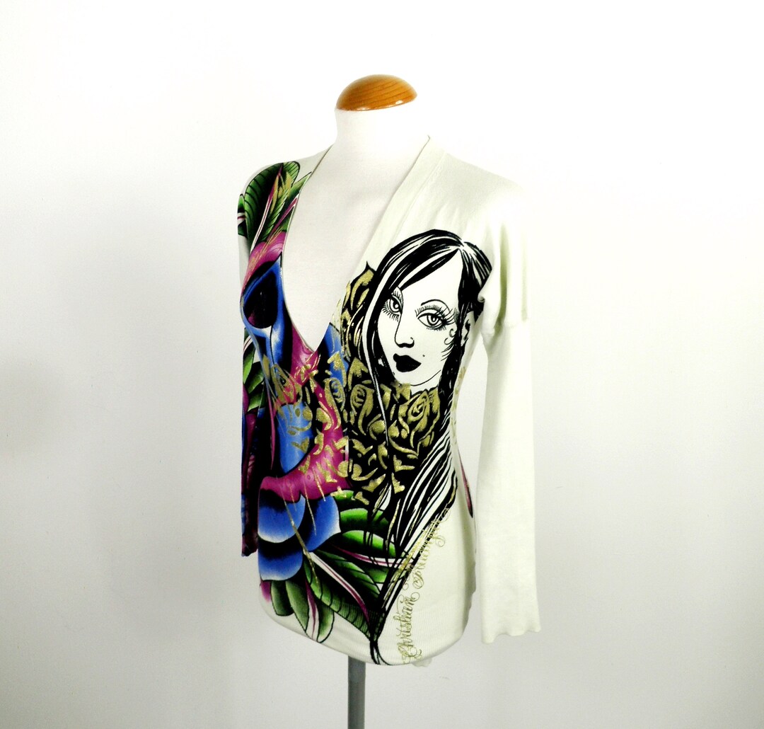 Y2K Christian Audigier Cream Street Art Print Plunging V Neck - Etsy