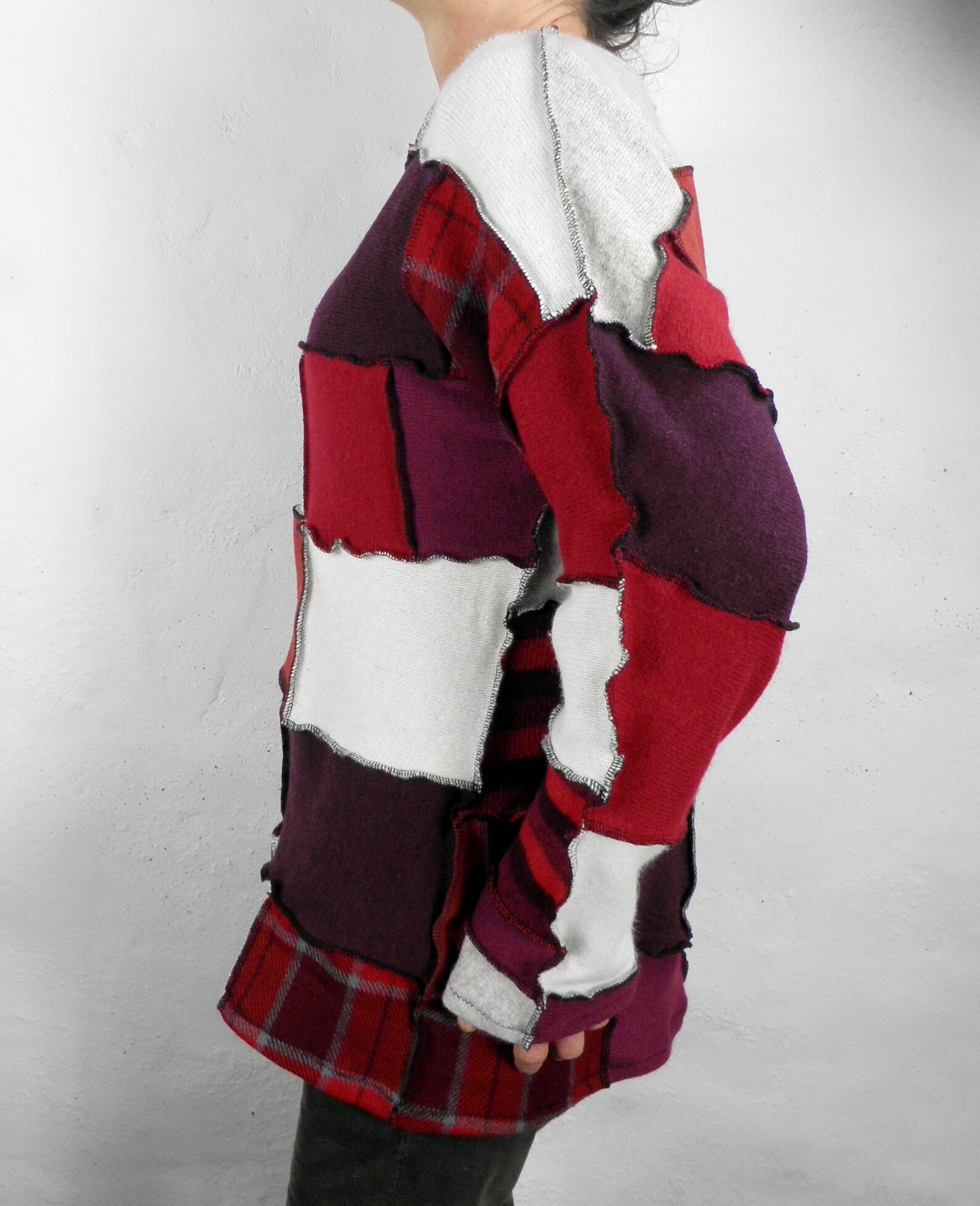Patchwork Wool Jumper / Sweater in Red Purple Tan and Cream by JUST IZ ...